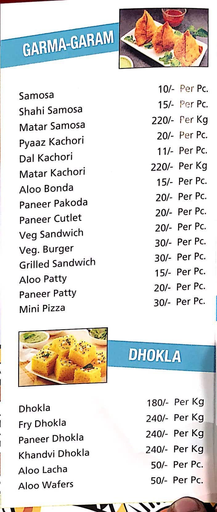 Menu of Sona Mithai Wala, Shahdara, New Delhi