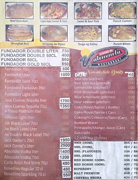 Menu at Ciudad De Valenzuela Restaurant, Valenzuela