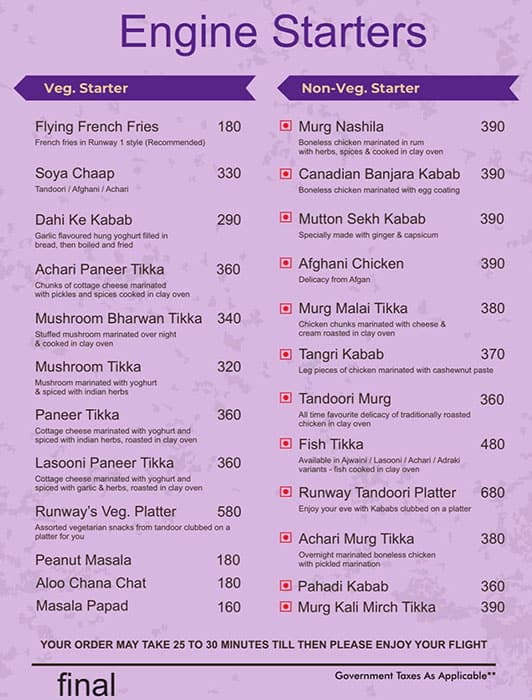 Menu of Runway1, Rohini, New Delhi