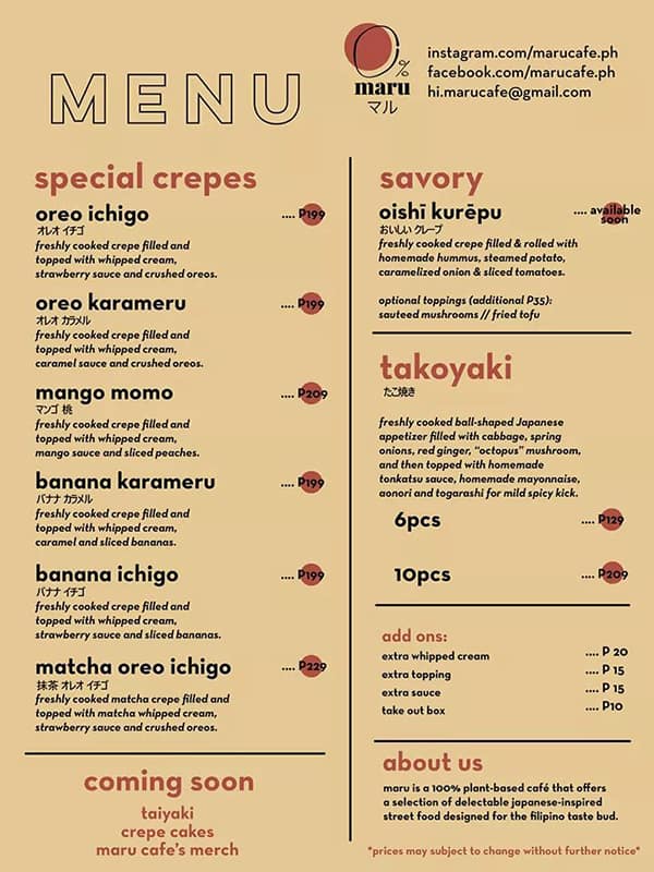 Menu at Maru Cafe, Makati