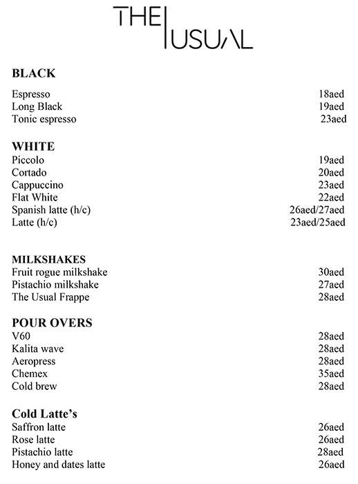 Menu of The Usual Cafe, Jumeirah 1, Dubai