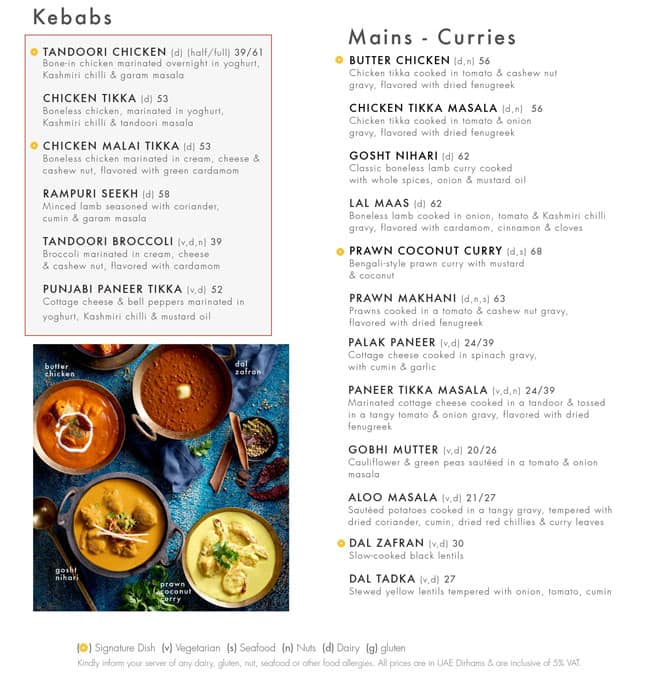 Menu at Zafran, Abu Dhabi