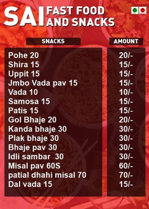 Menu of Sai Fast Food, NIBM Road, Pune