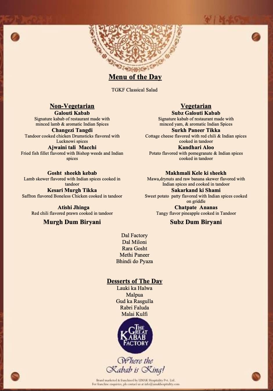 Menu of The Great Kebab Factory, St. Thomas Mount, Chennai