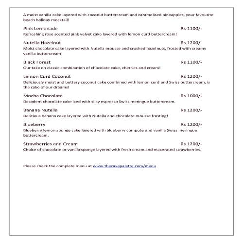 Menu of The Cake Palette, Lonavala, Pune
