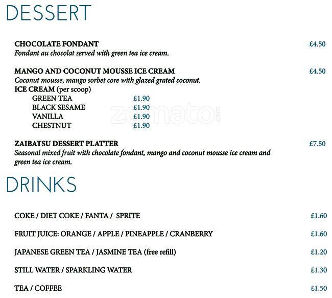 Menu at Zaibatsu restaurant, London