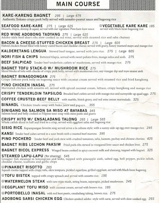 Menu at Pino & Pipino Jupiter restaurant, Makati