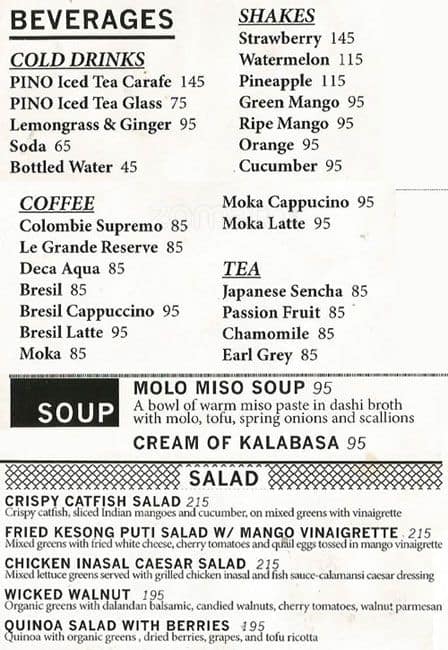 Menu at Pino & Pipino Jupiter restaurant, Makati
