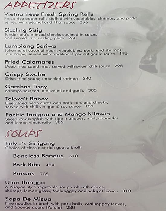 Menu at Fely J's Kitchen restaurant, Parañaque