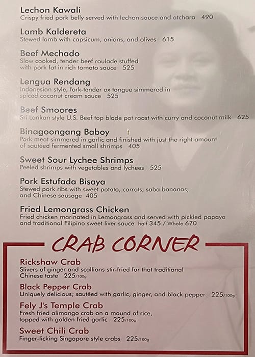 Menu at Fely J's Kitchen restaurant, Parañaque