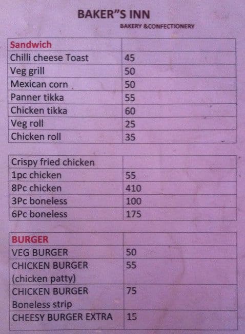 Menu at Baker's Inn, Chennai