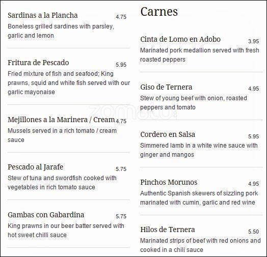 Menu at Malaga Tapas restaurant, Glasgow, 213-215 St Andrews Rd