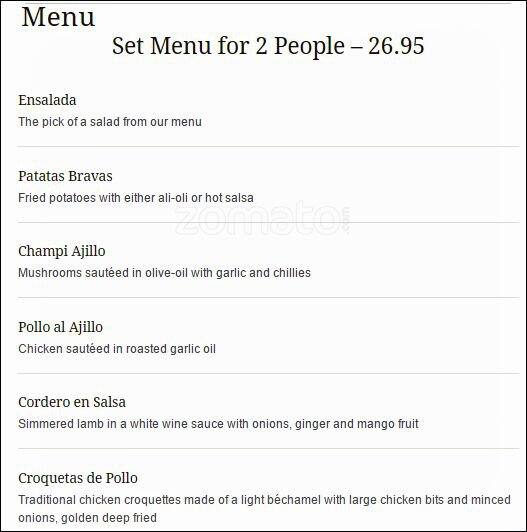 Menu at Malaga Tapas restaurant, Glasgow, 213-215 St Andrews Rd