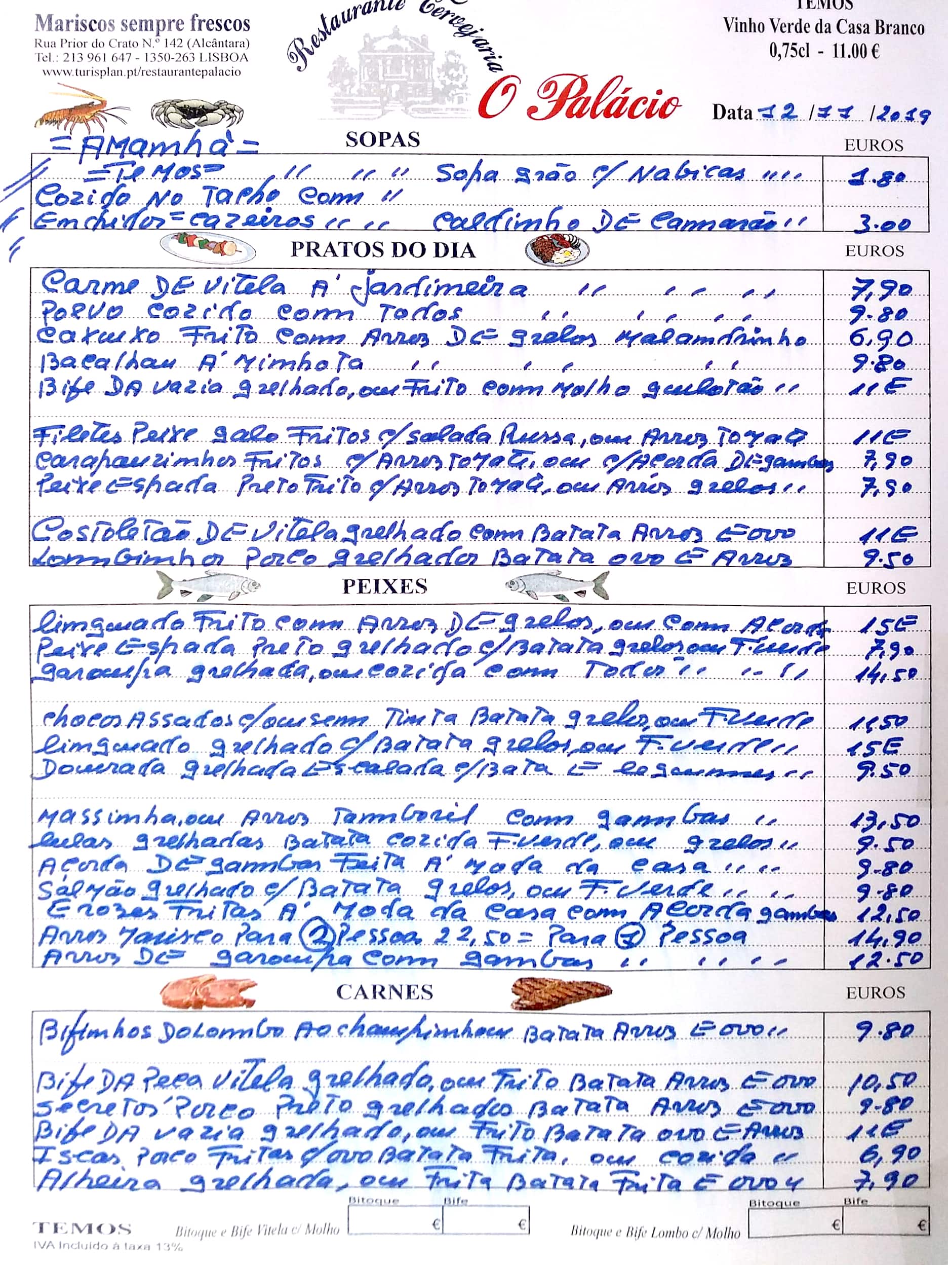 Menu at O Palácio restaurant, Lisbon