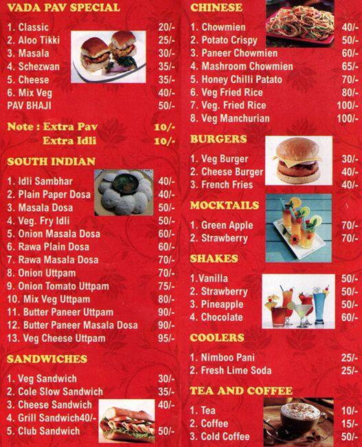 Menu at Nintendo's, Jaipur, Mirza Ismail Road