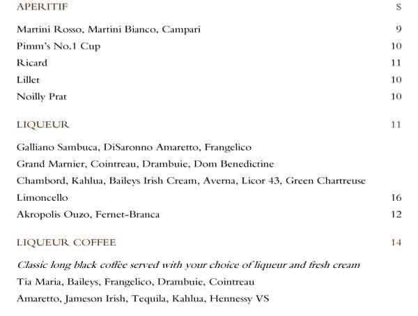 Menu at The Bar - Park Hyatt, Sydney