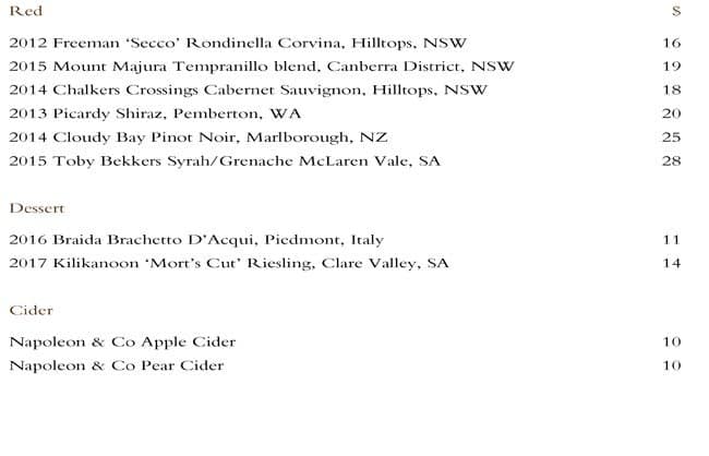 Menu at The Bar - Park Hyatt, Sydney