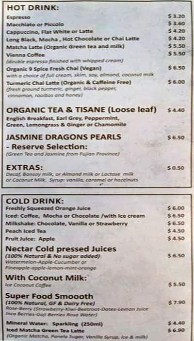 Menu at Kikko Cafe, Sydney