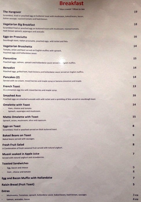 Menu at Cafe Matto, Heidelberg