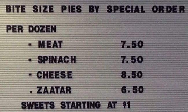 Menu at Prince Ali Bakery, Ottawa