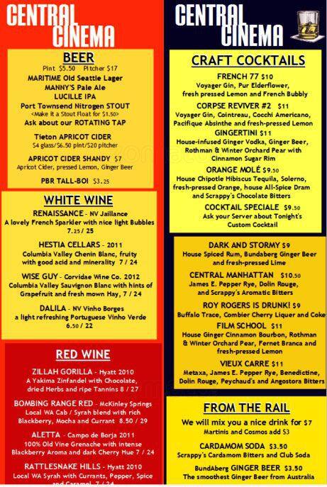 Menu at Central Cinema pizzeria, Seattle