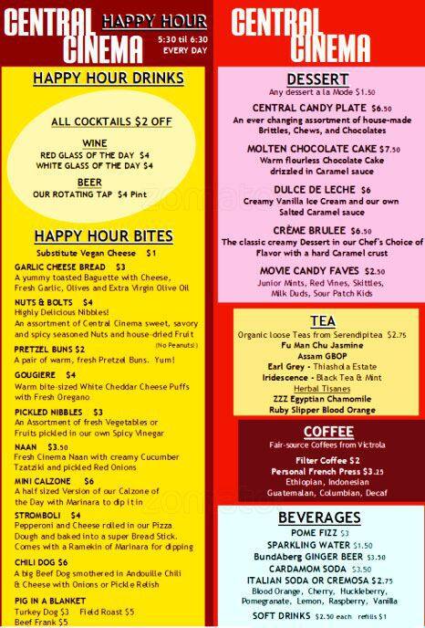 Menu at Central Cinema pizzeria, Seattle