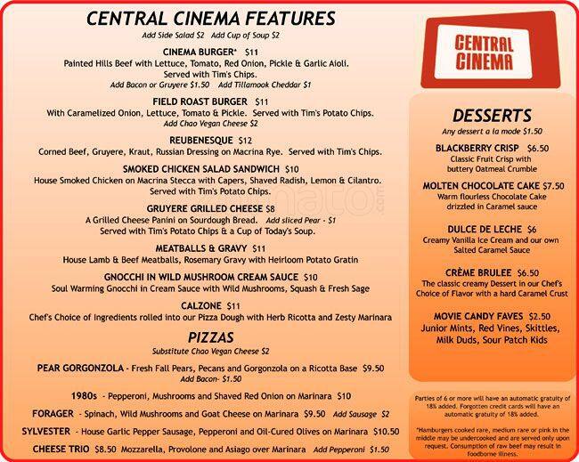 Menu at Central Cinema pizzeria, Seattle