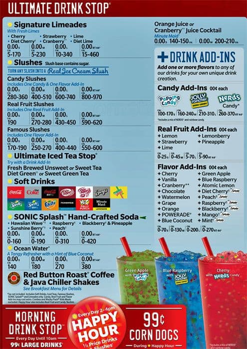 Menu at Sonic Drive-In fast food, San Antonio, Huebner Rd