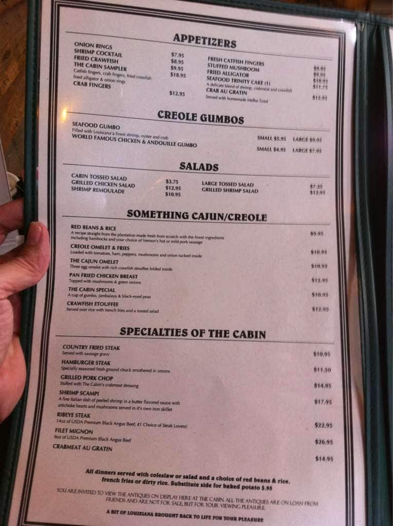 Menu at The Cabin restaurant, Gonzales, Highway 44