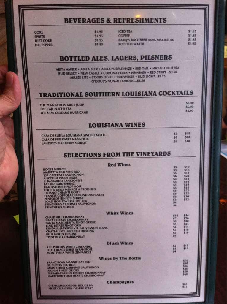 Menu at The Cabin restaurant, Gonzales, Highway 44