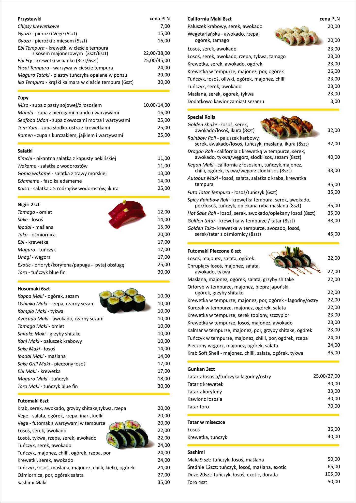 Carta del restaurante Sushi World Wilanów, Varsovia