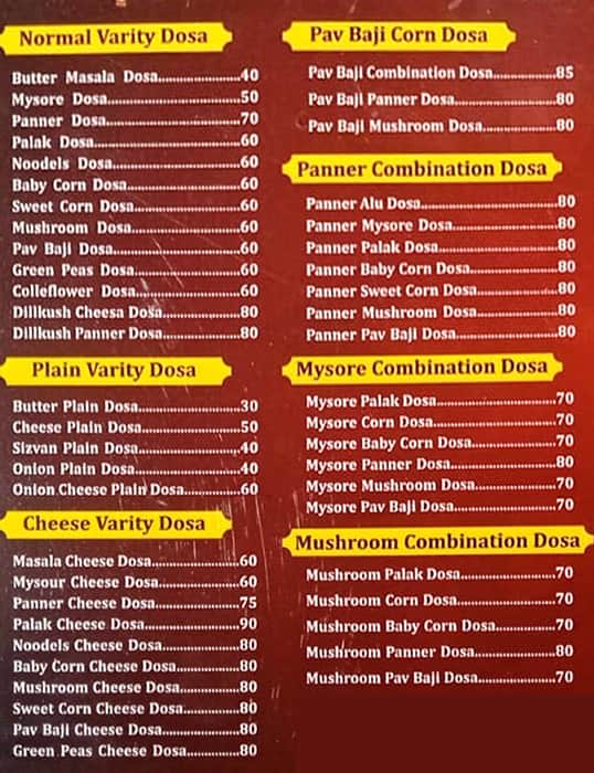 Menu of Mumbai 99 Variety Dosa, HSR, Bangalore