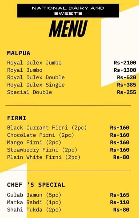Menu at National Dairy And Sweets, Mumbai
