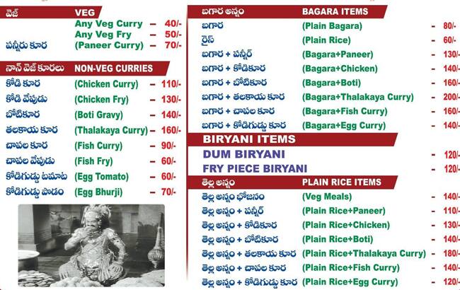 Menu of Telangana Kuralu & Bagara Annam, Kukatpally, Hyderabad
