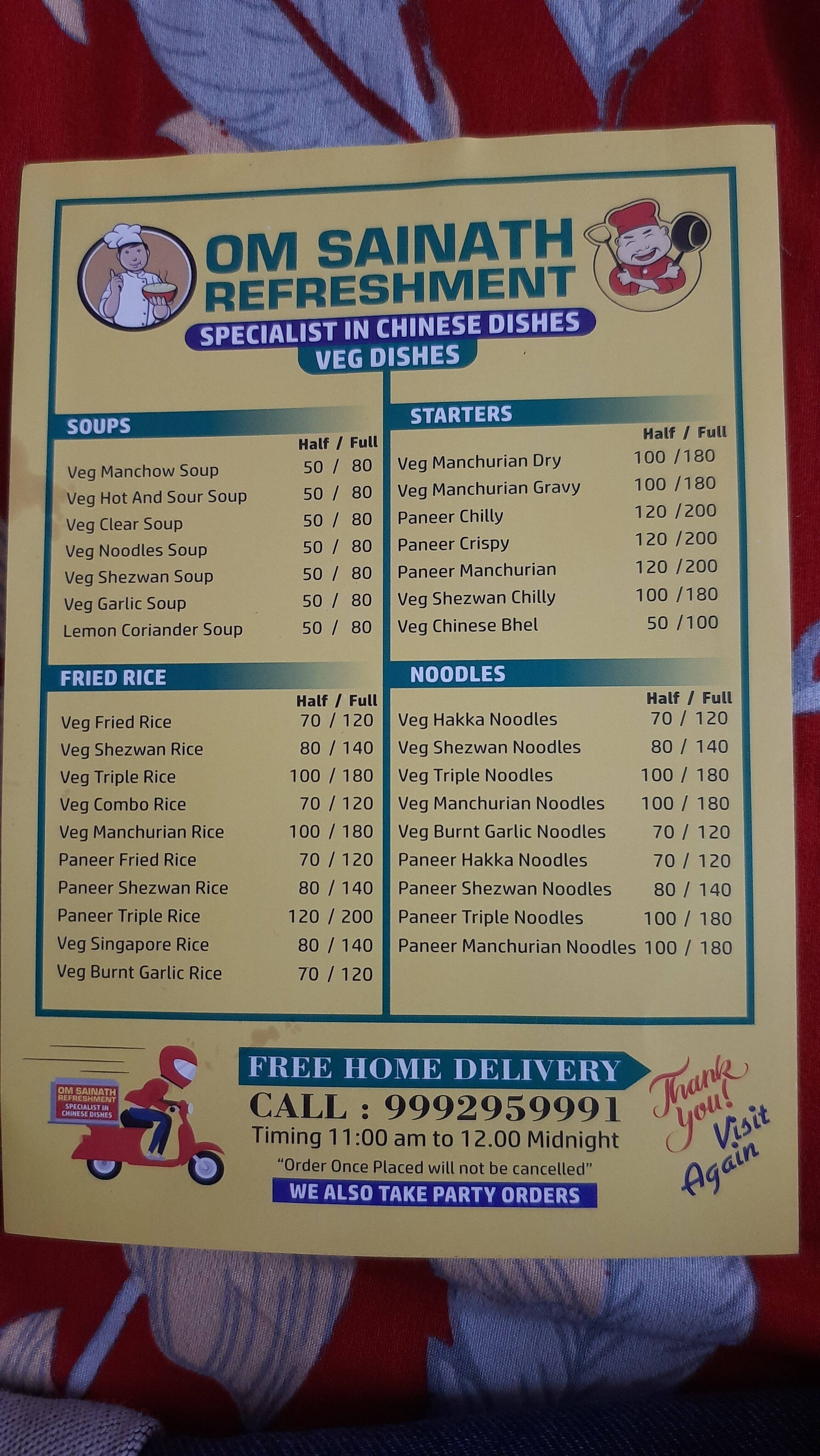 Menu of Om Sai Chinese, Goregaon West, Mumbai