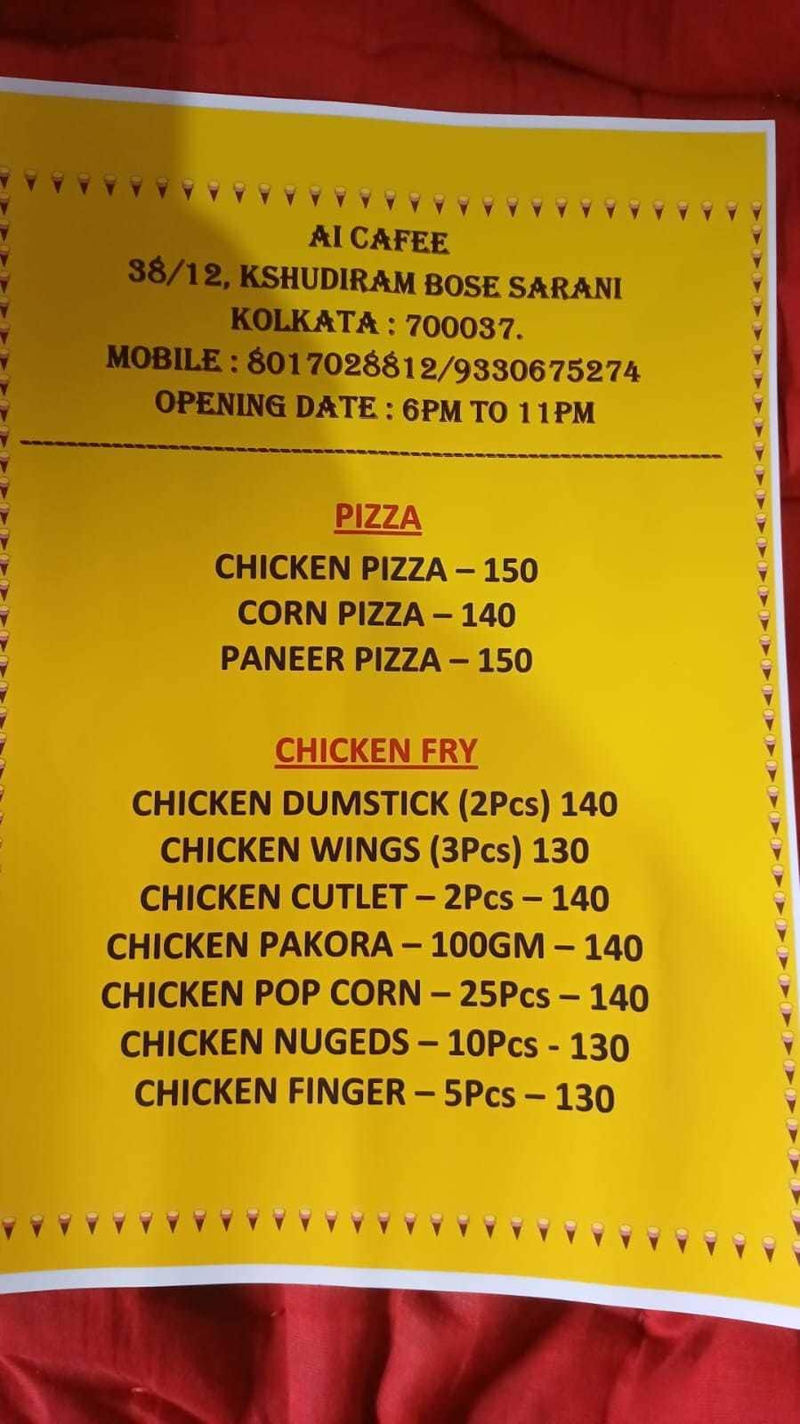 Menu of A1 Cafe, Paikpara, Kolkata