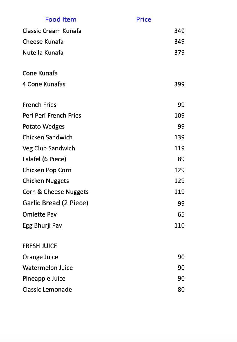 Menu of Kunafa Stories, Porvorim, Goa