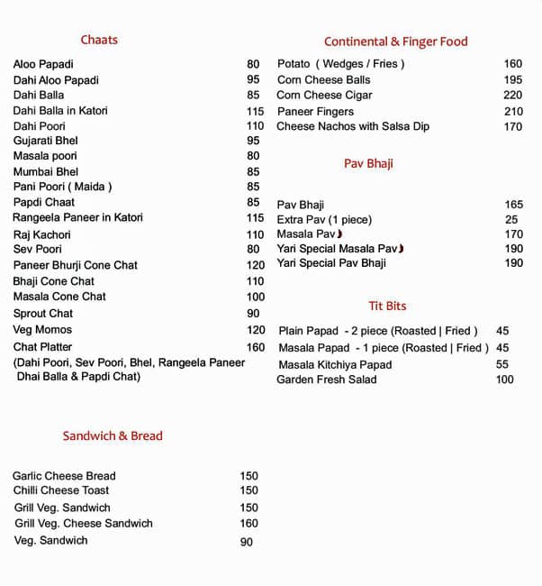 Menu of Yari, Saibaba Colony, Coimbatore