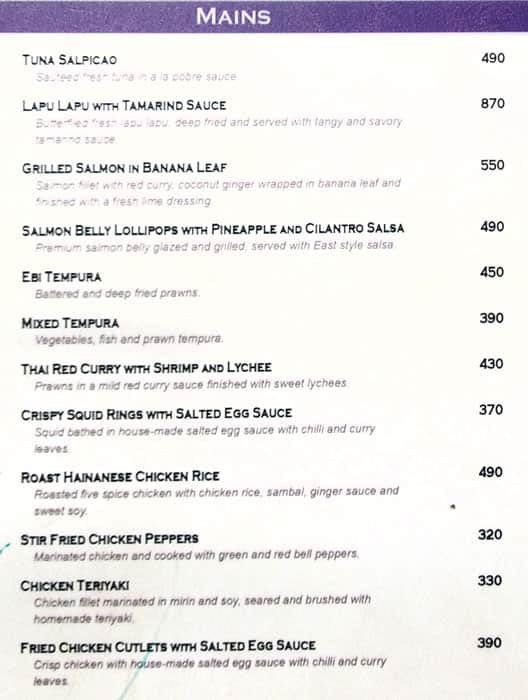 Menu at East Cafe, Mandaluyong