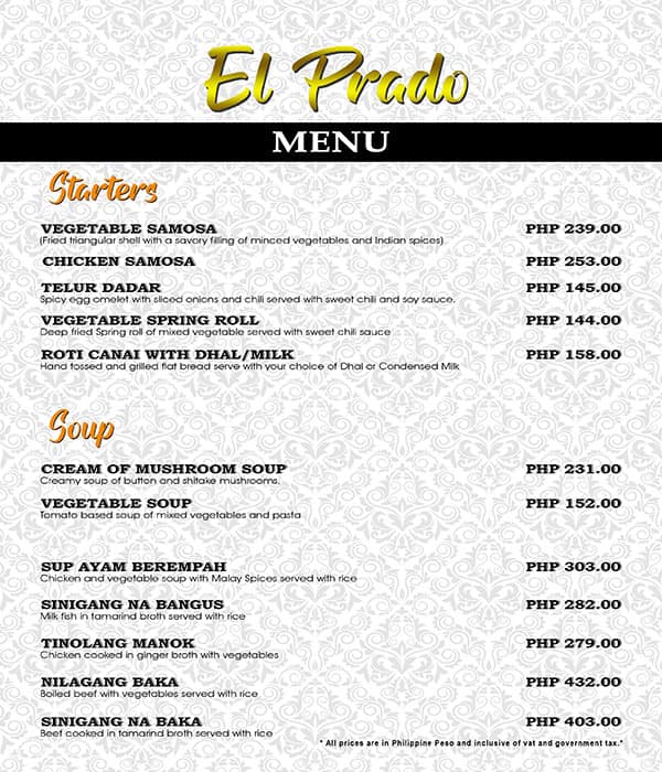 Menu at El Prado restaurant, Makati, Makati Avenue