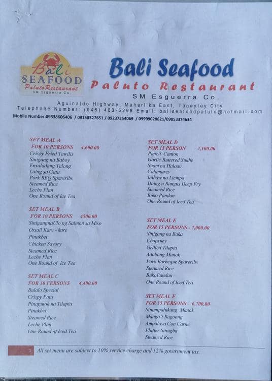 Menu at Bali Seafoods Paluto Restaurant, Tagaytay