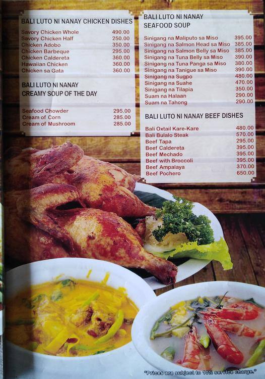 Carta del restaurante Bali Seafood Paluto, Tagaytay