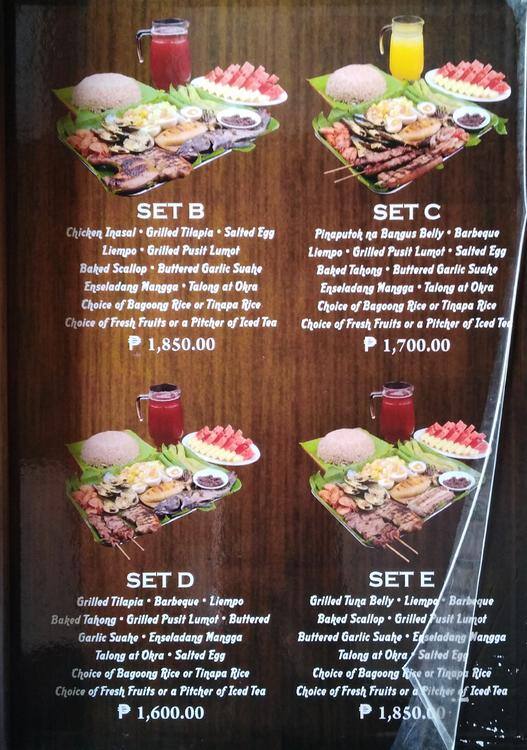Carta del restaurante Bali Seafood Paluto, Tagaytay