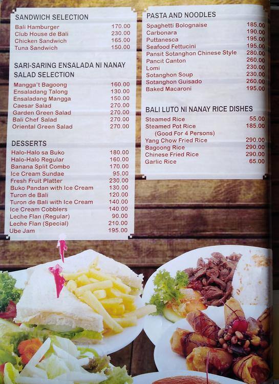 Carta del restaurante Bali Seafood Paluto, Tagaytay