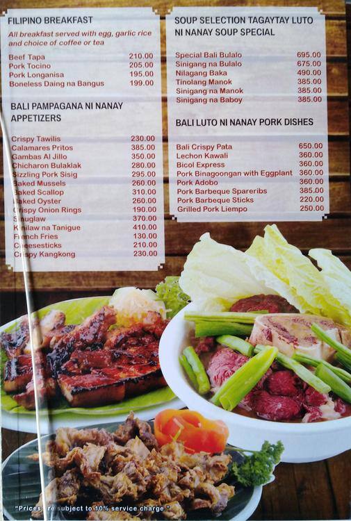 Carta del restaurante Bali Seafood Paluto, Tagaytay