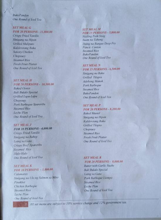 Carta del restaurante Bali Seafood Paluto, Tagaytay
