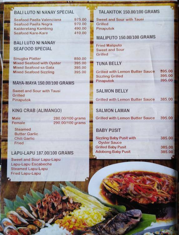Carta del restaurante Bali Seafood Paluto, Tagaytay