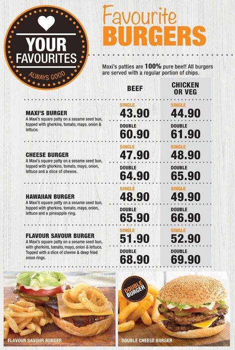 Menu at Maxi's restaurant, Germiston, County Road