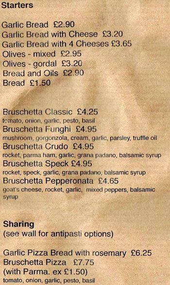 Carta de Origano Cafe & Pizzeria, Edimburgo