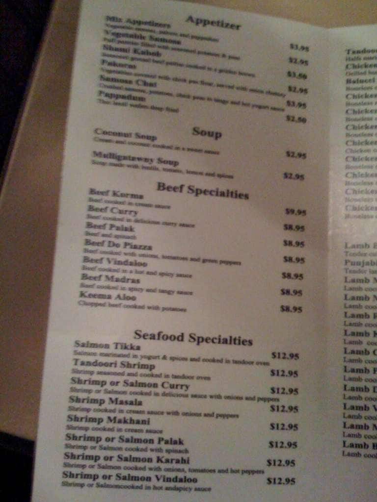 Menu at Shalimar restaurant, Albany, 35 Central Ave